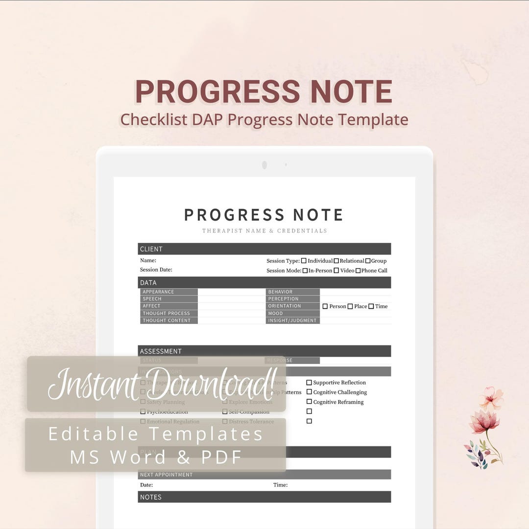 Checklist DAP Progress Note Template for Therapists, Counselors ...