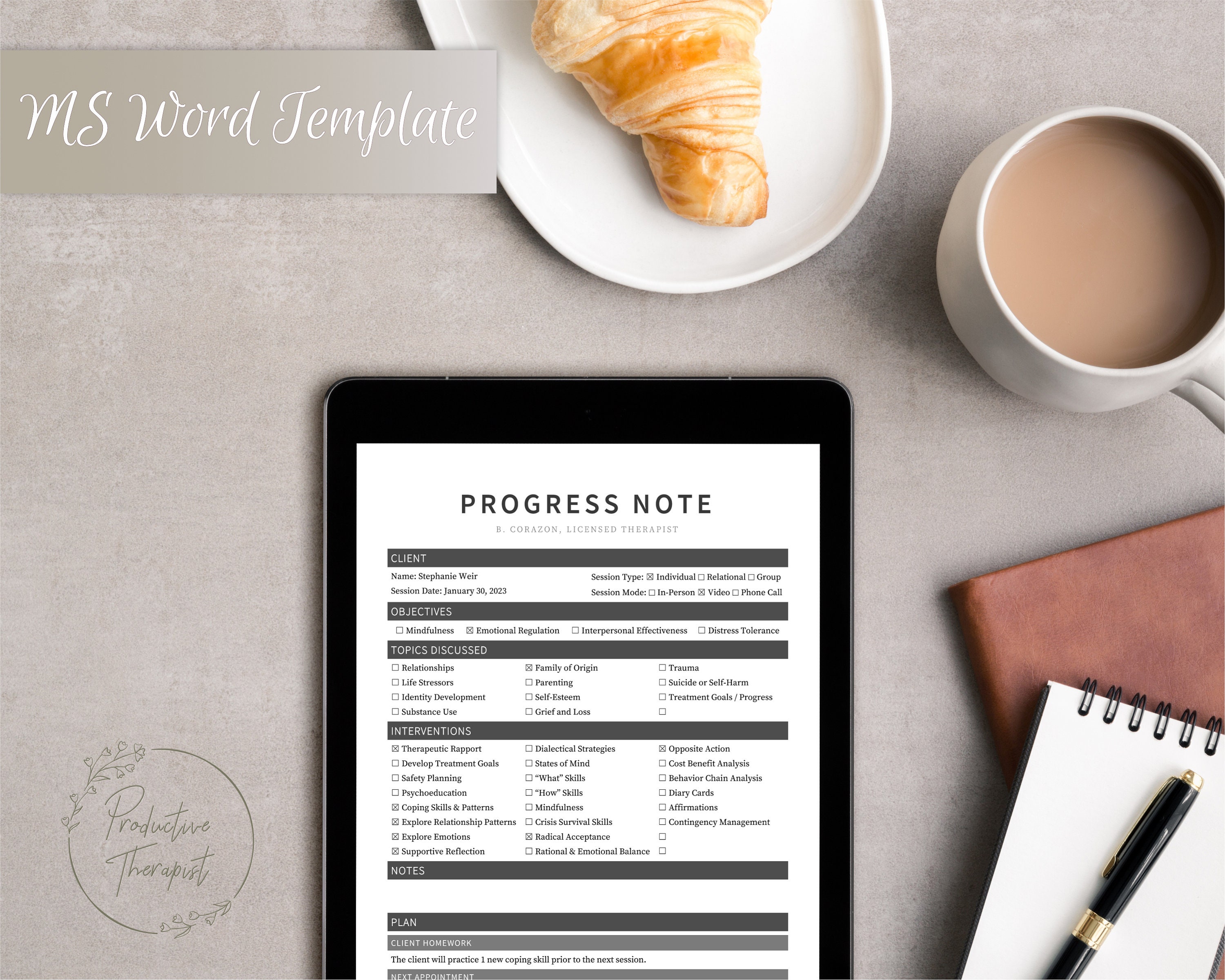 DBT Progress Note Template for Therapists, Counselors, Psychologists ...