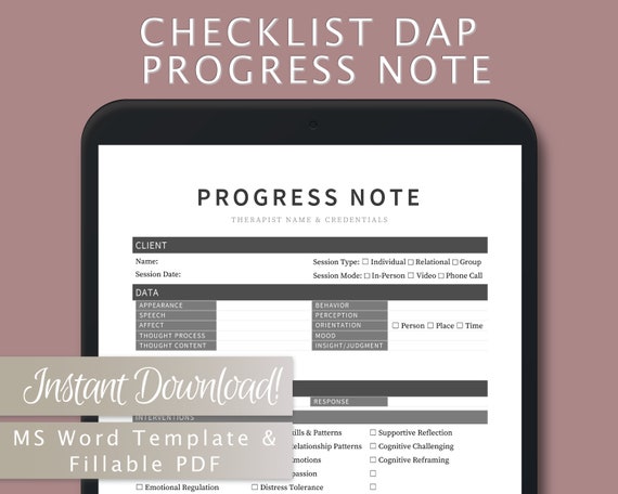 Checklist DAP Progress Note Template for Therapists - Etsy
