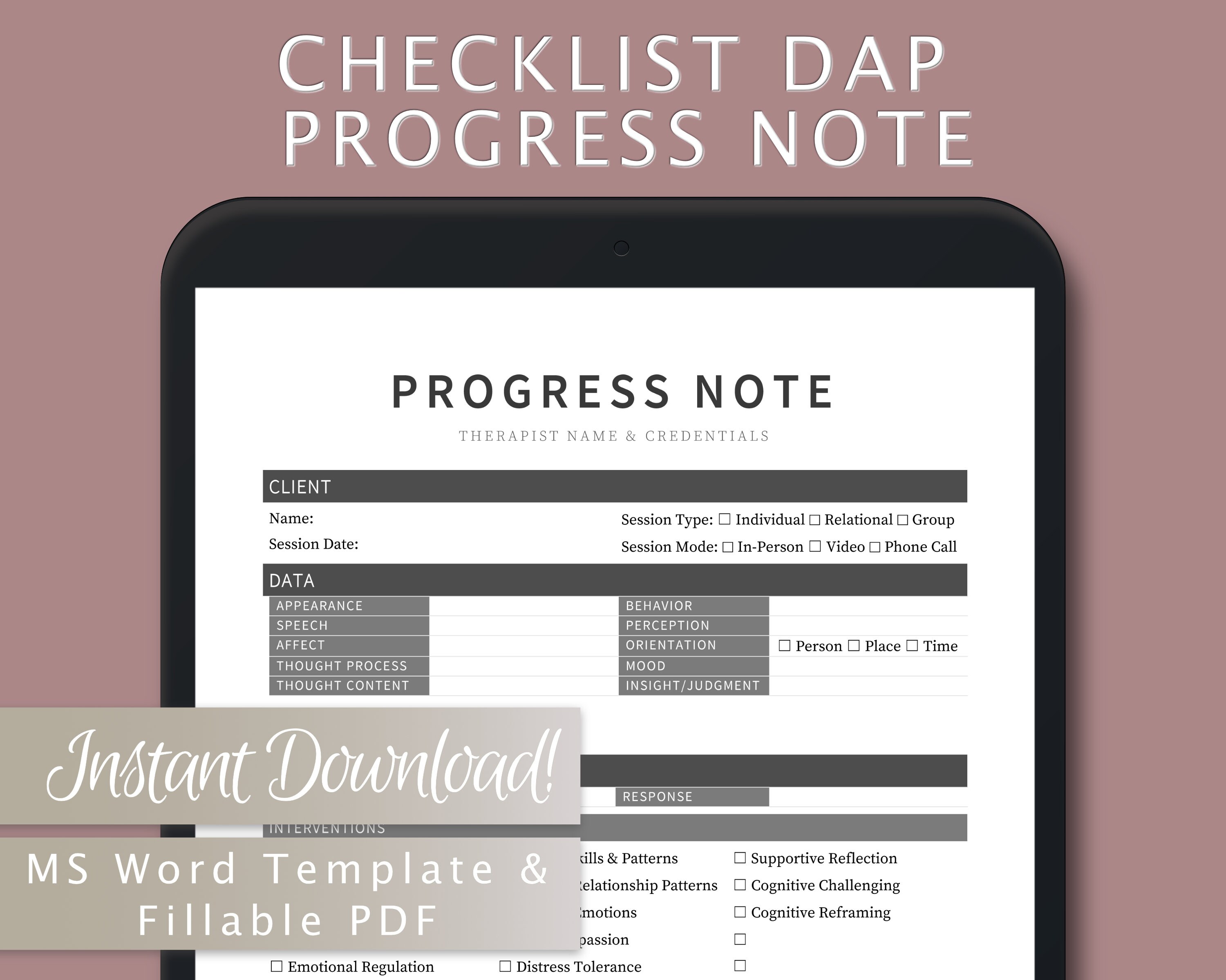 Checklist DAP Progress Note Template for Therapists, Counselors ...