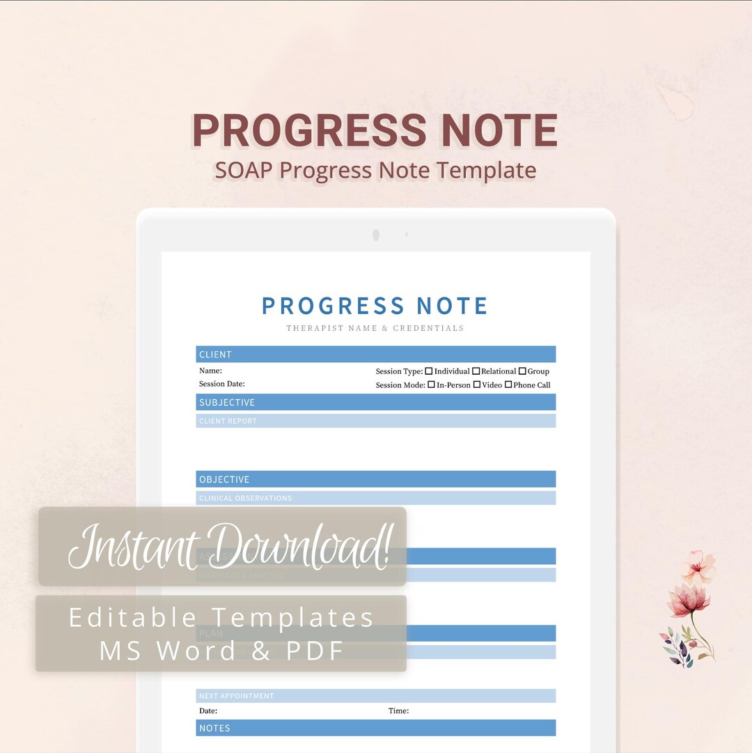 SOAP Progress Note Template for Therapists, Counselors, Psychologists ...
