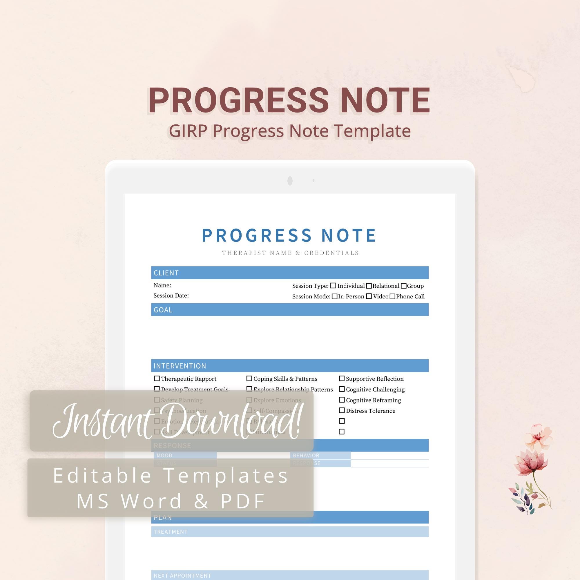 GIRP Progress Note Template for Therapists, Counselors, Psychologists ...