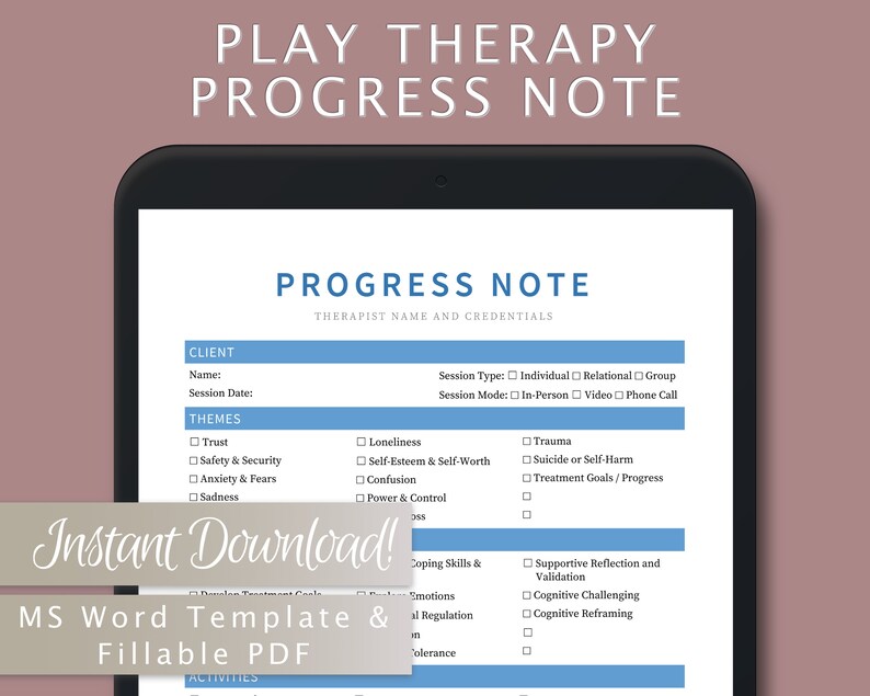 Play Therapy Progress Note Template for Therapists, Counselors ...