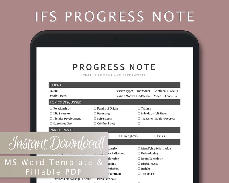 IFS Progress Note Template for Therapists, Counselors, Psychologists, Social Workers | Fillable ...