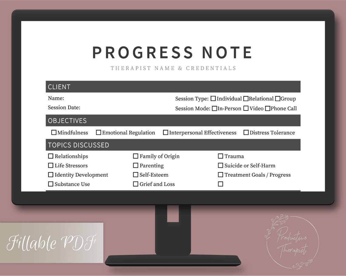 DBT Progress Note Template for Therapists, Counselors, Psychologists ...