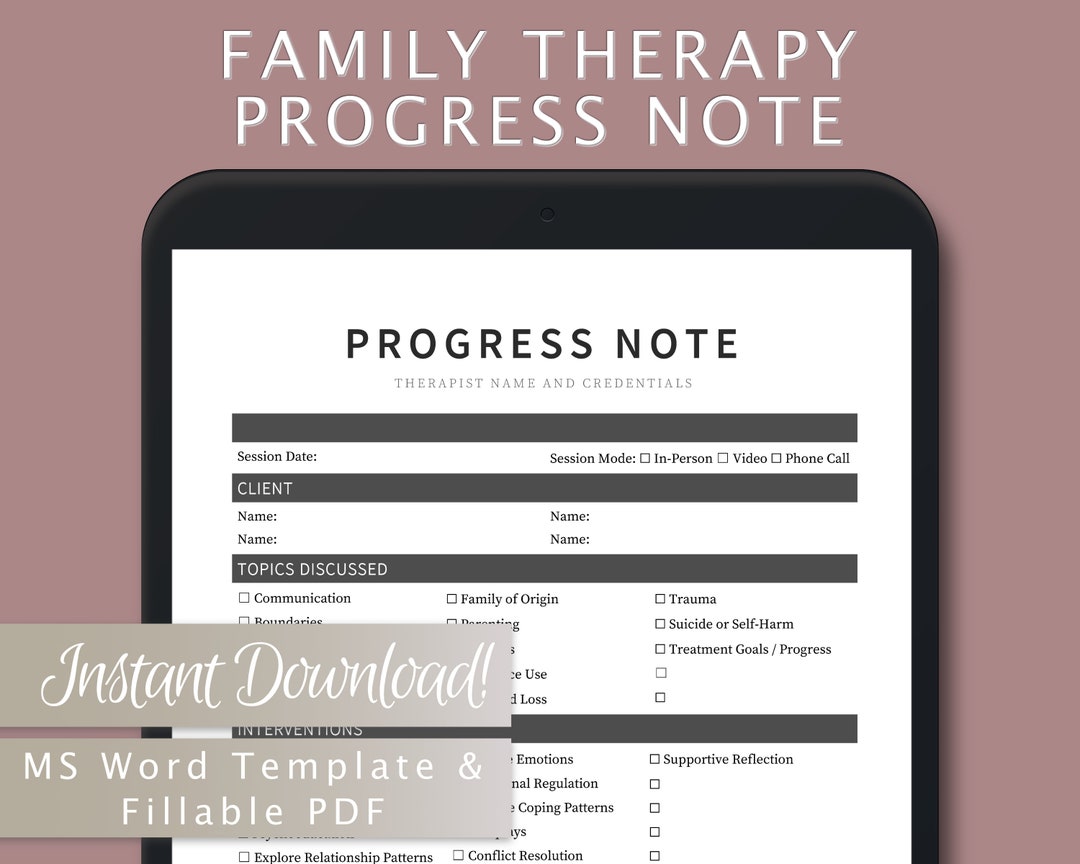 Family Therapy Progress Note Template for Therapists, Counselors ...