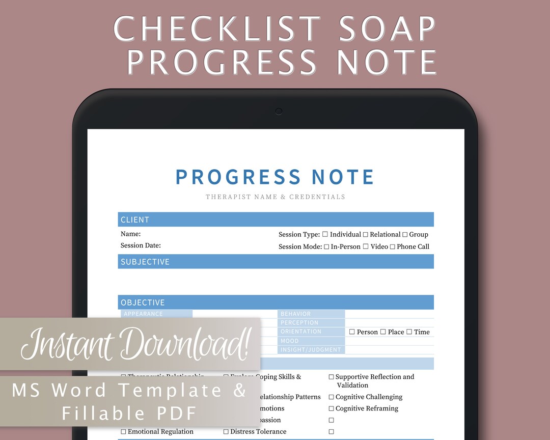Checklist SOAP Progress Note Template for Therapists, Counselors ...