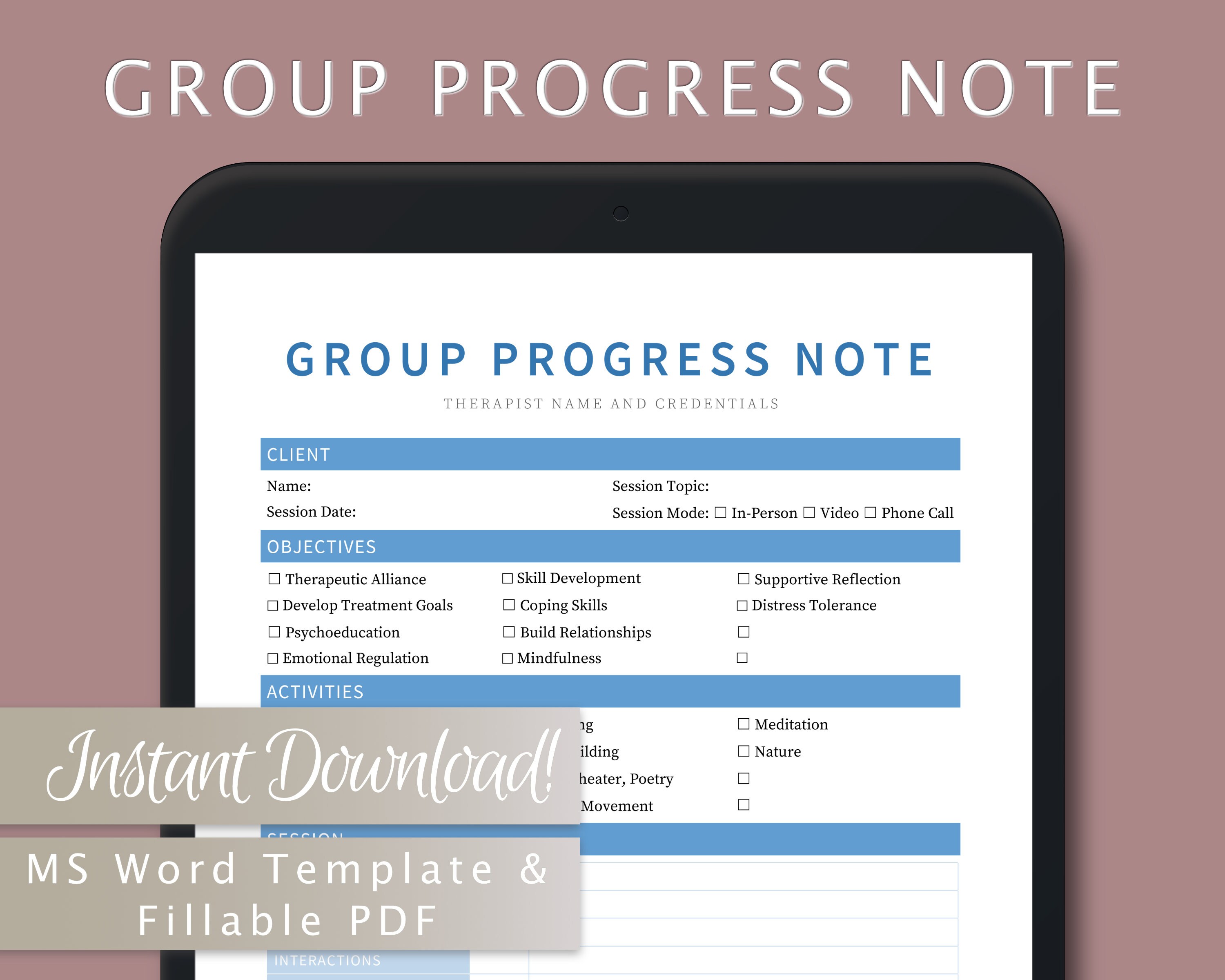 Group Therapy Progress Note Template for Therapists, Counselors ...