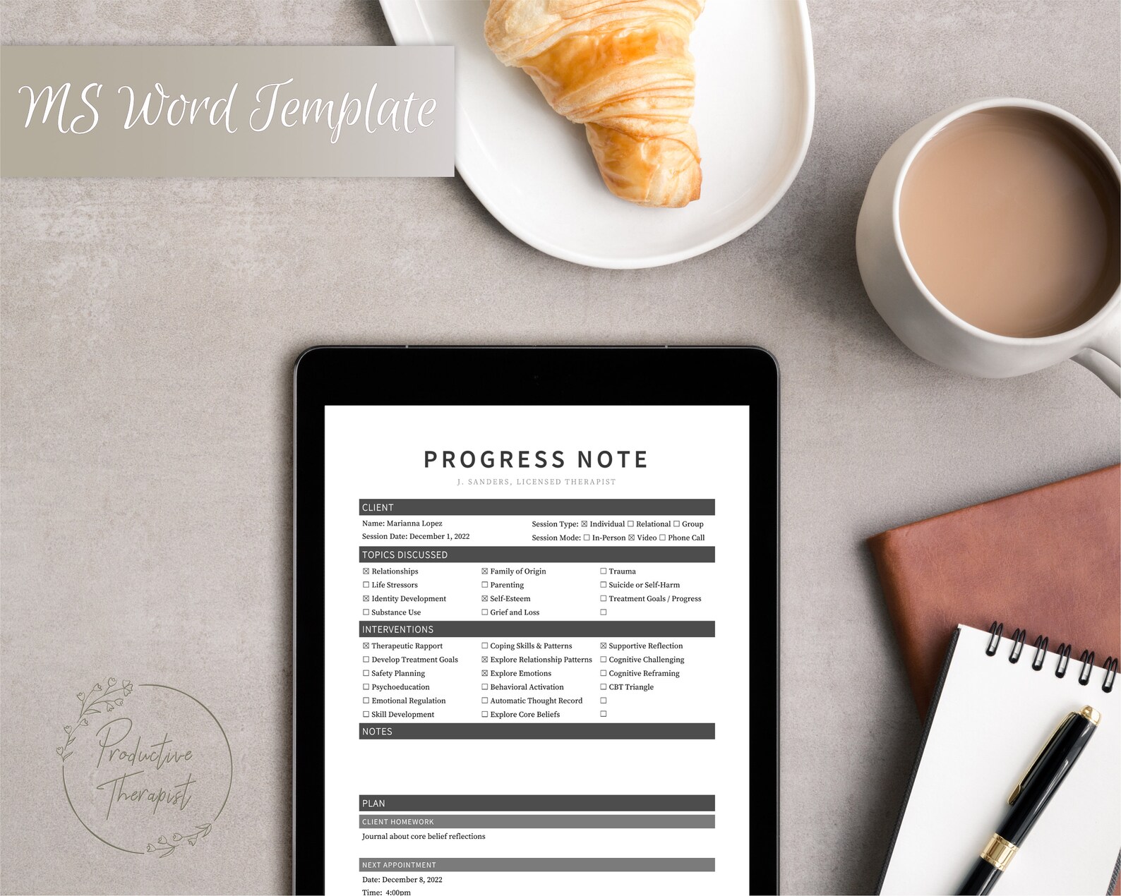 CBT Progress Note Template for Therapists, Counselors, Psychologists ...