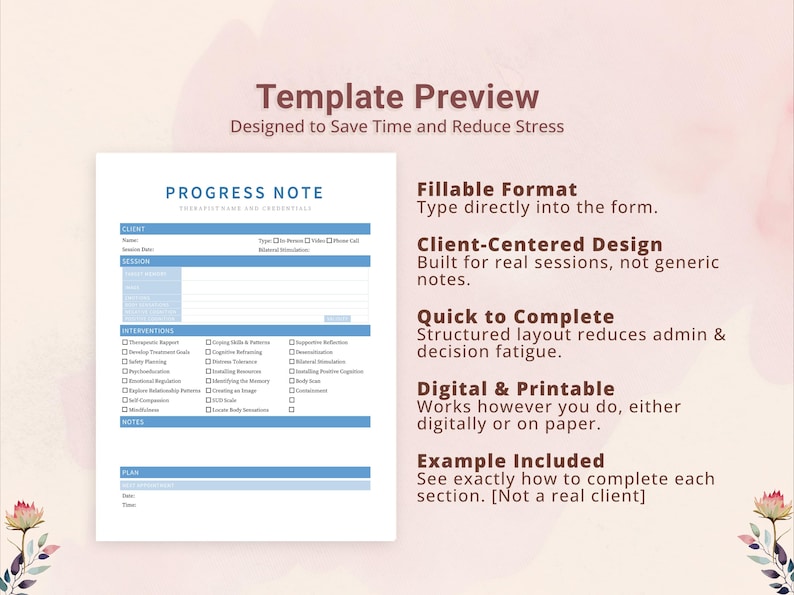 EMDR Progress Note Template for Therapists, Counselors, Psychologists ...