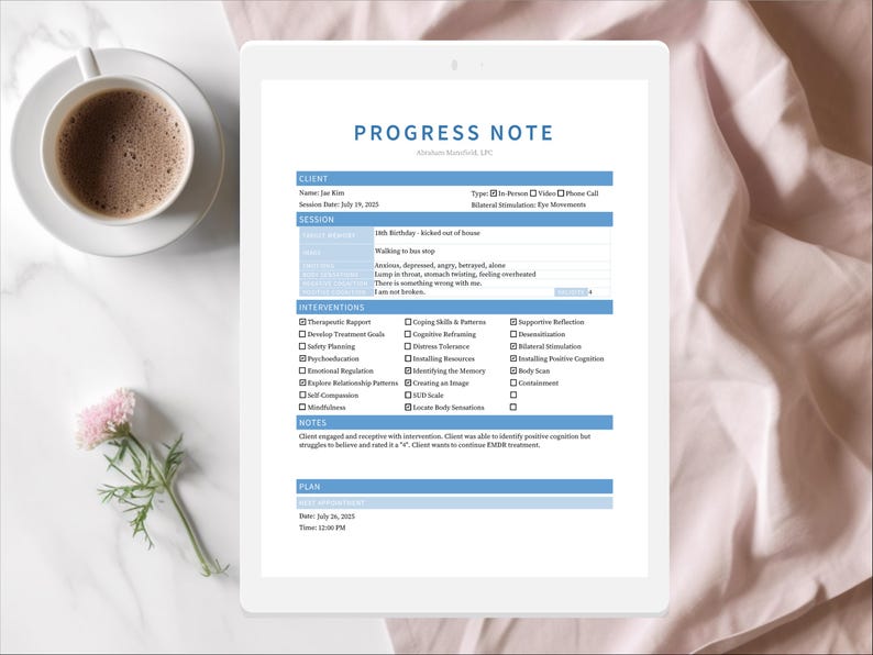 EMDR Progress Note Template for Therapists, Counselors, Psychologists ...