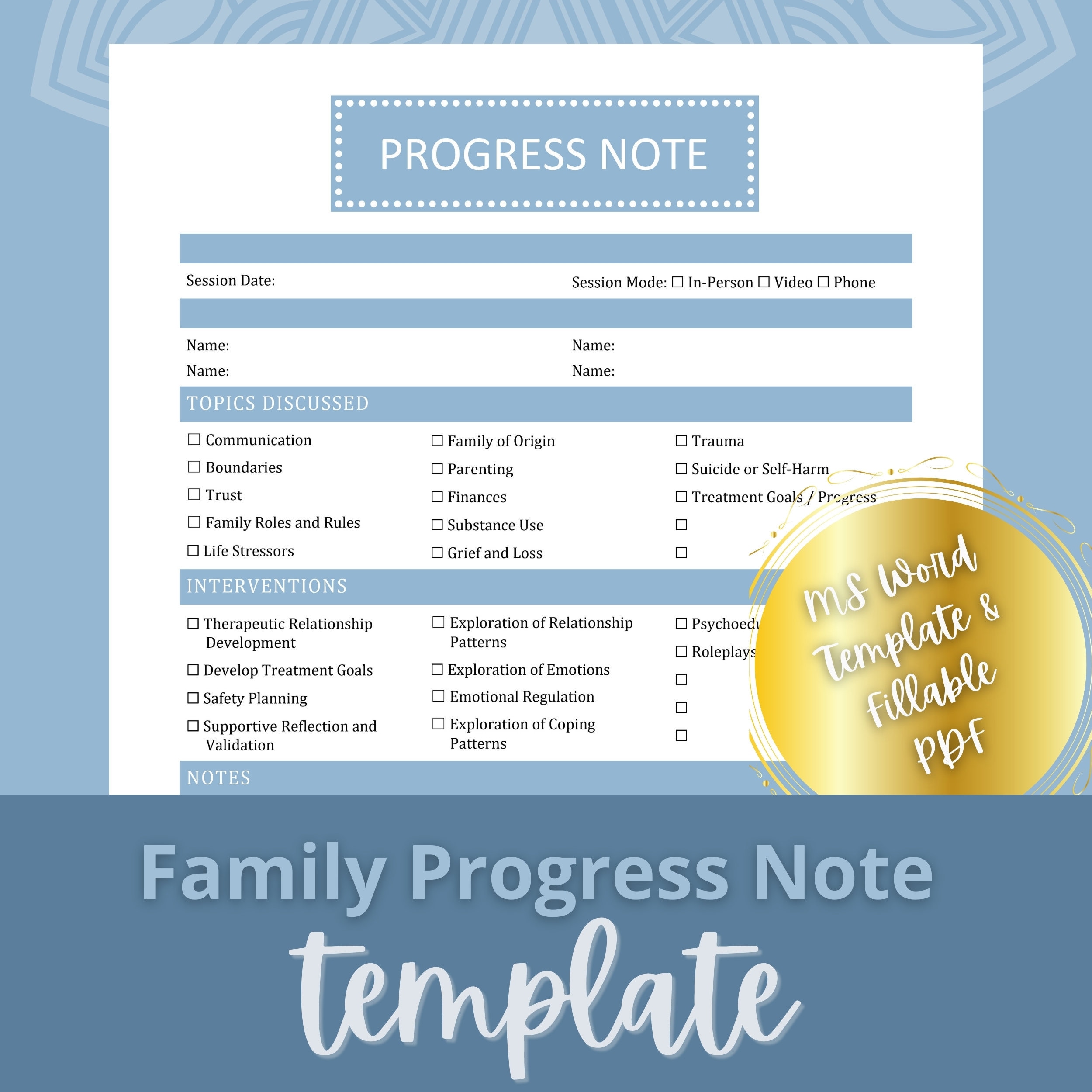 Family Therapy Progress Note Template for Therapists | Etsy