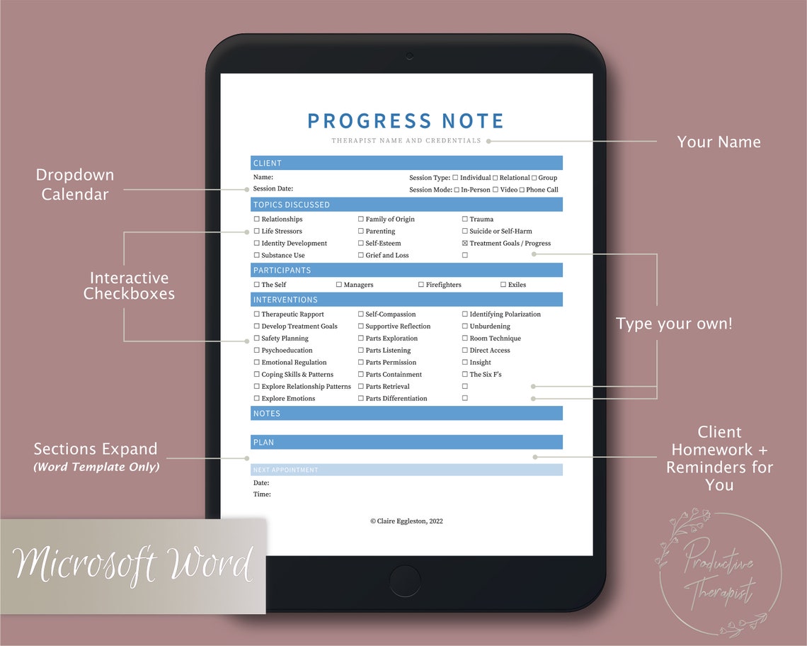 IFS Progress Note Template for Therapists, Counselors, Psychologists ...