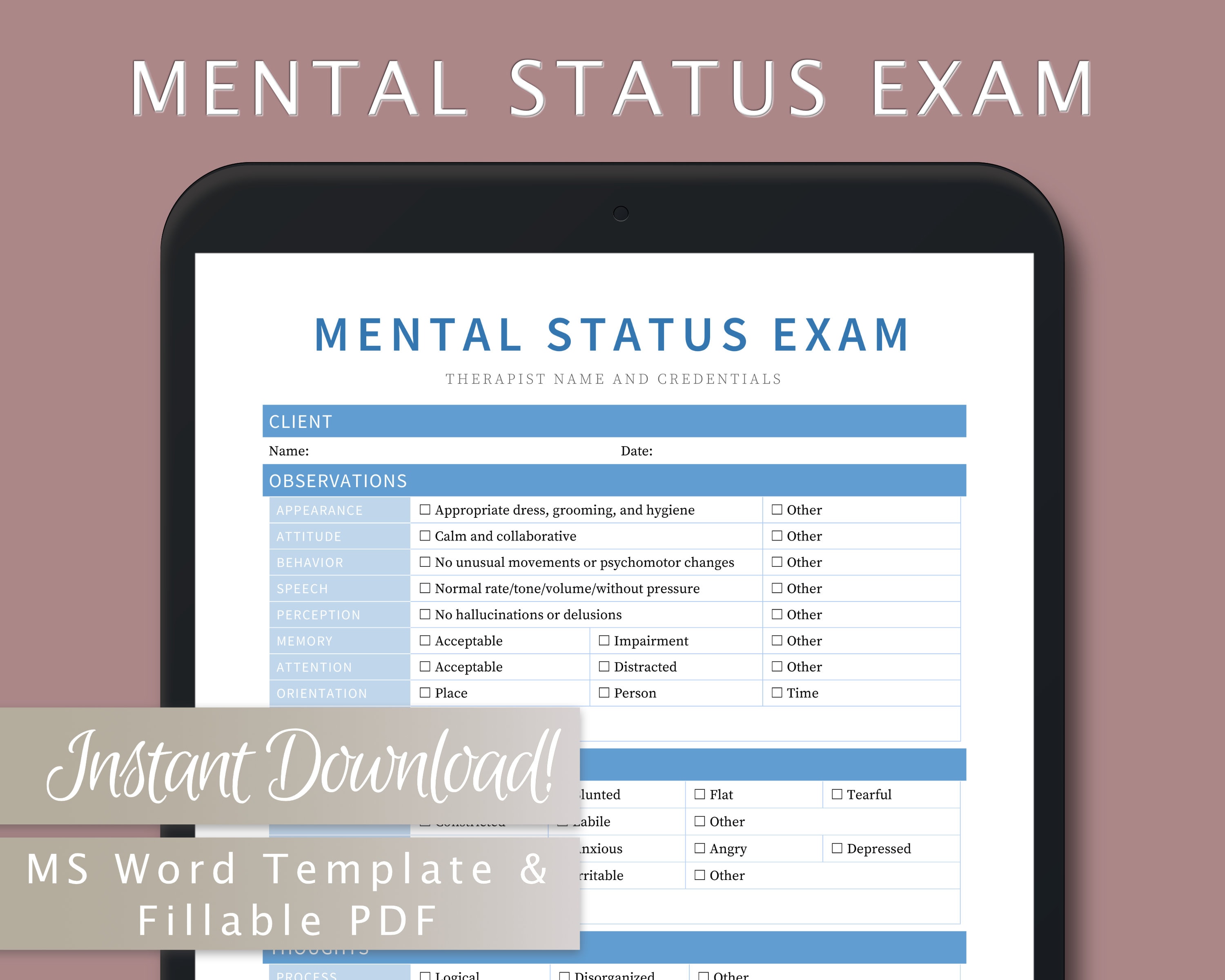 Mental Status Exam Template for Therapists, Counselors, Psychologists ...