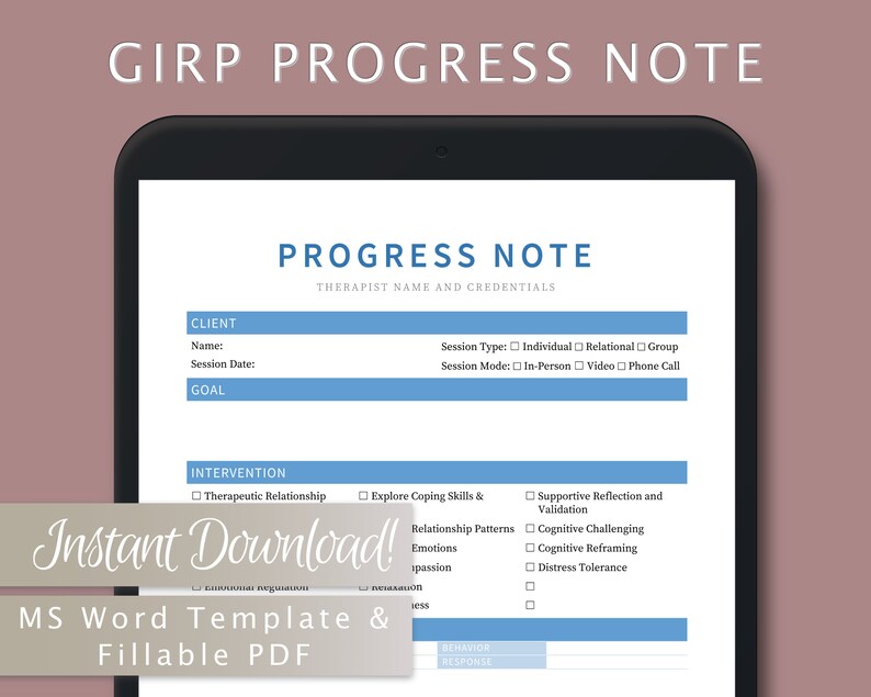 GIRP Progress Note Template For Therapists Counselors Etsy