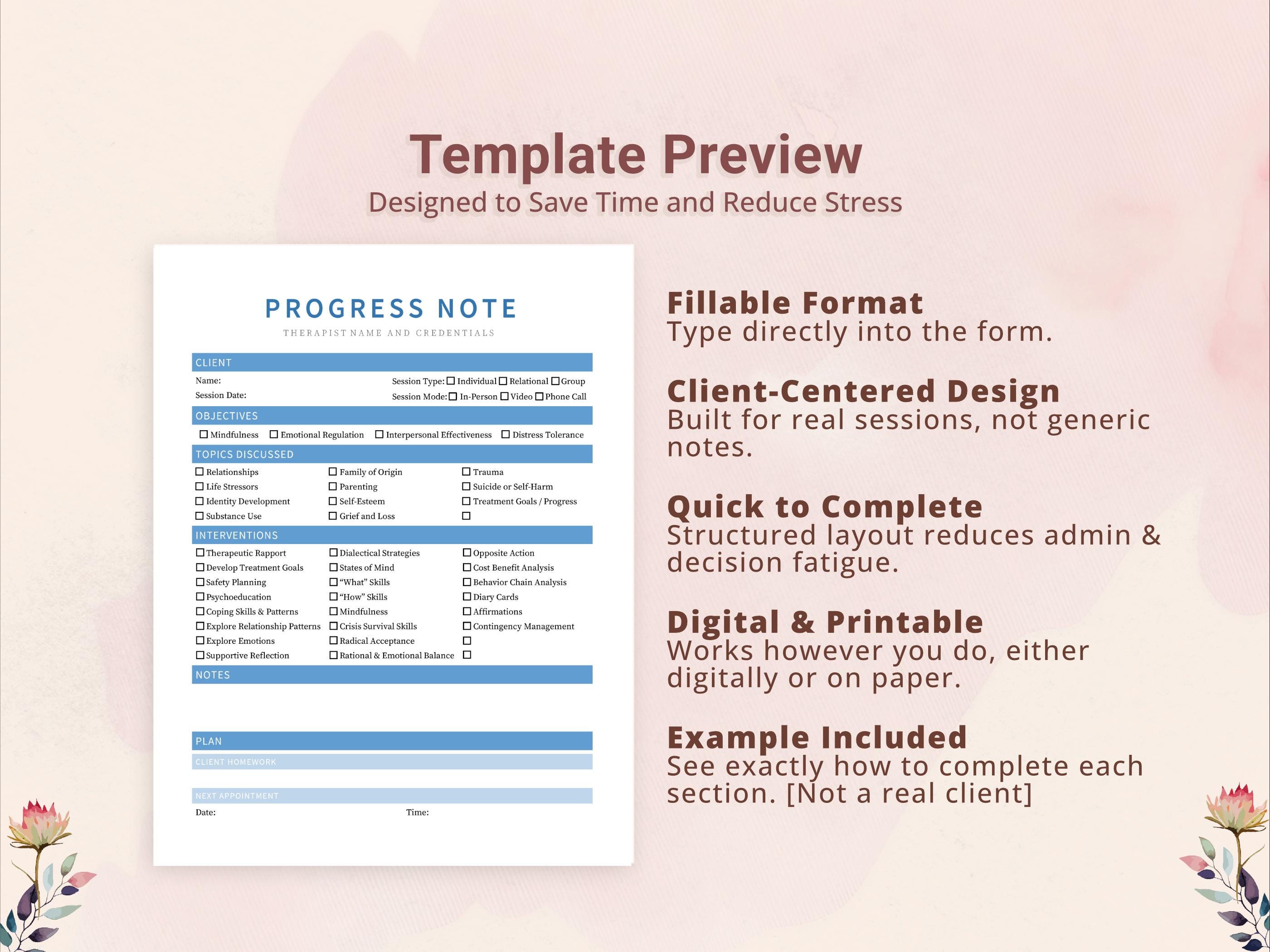 DBT Progress Note Template for Therapists, Counselors, Psychologists ...