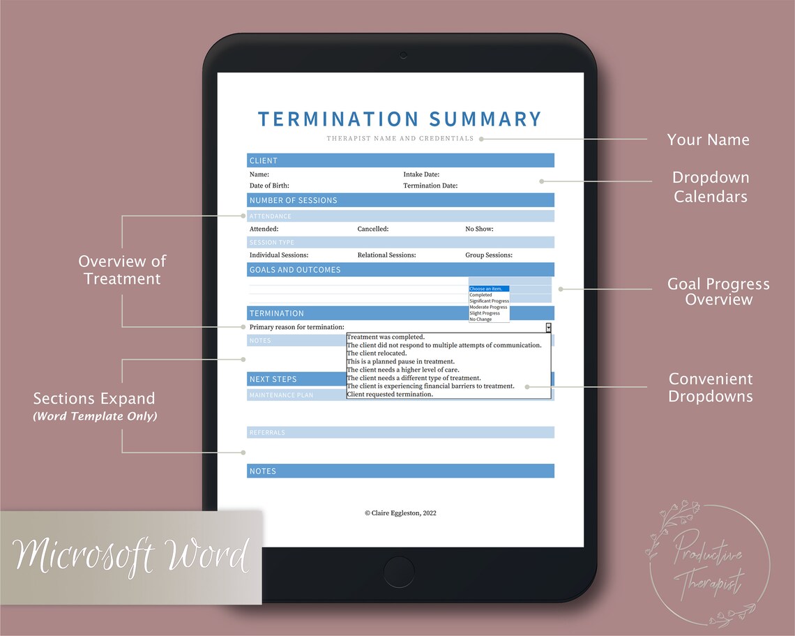 Termination Discharge Summary Template for Therapists, Counselors ...