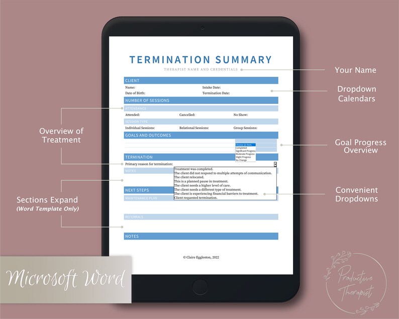 Termination Discharge Summary Template for Therapists, Counselors ...