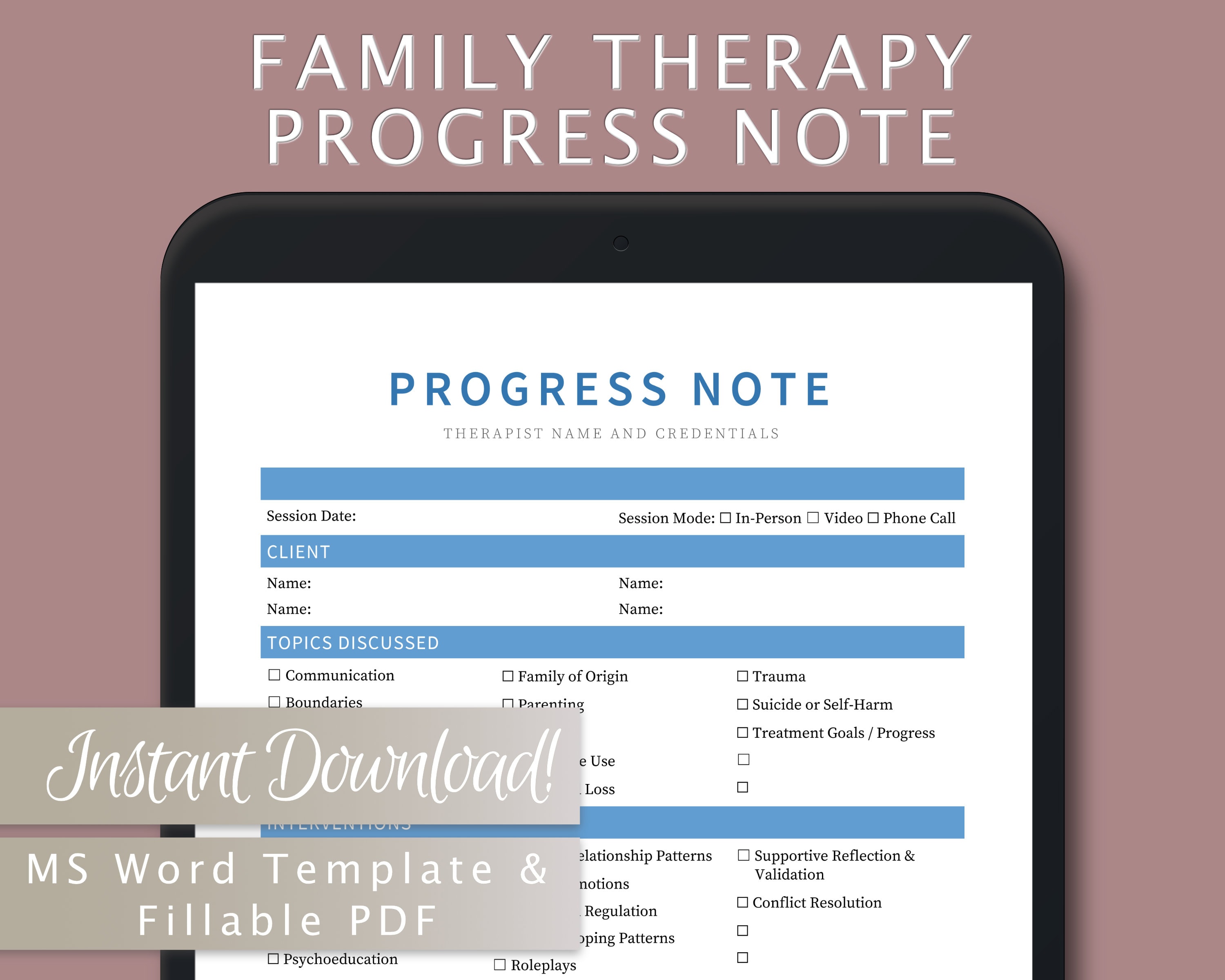 Family Therapy Progress Note Template for Therapists, Counselors ...