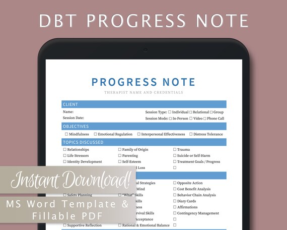 DBT Progress Note Template for Therapists Counselors - Etsy