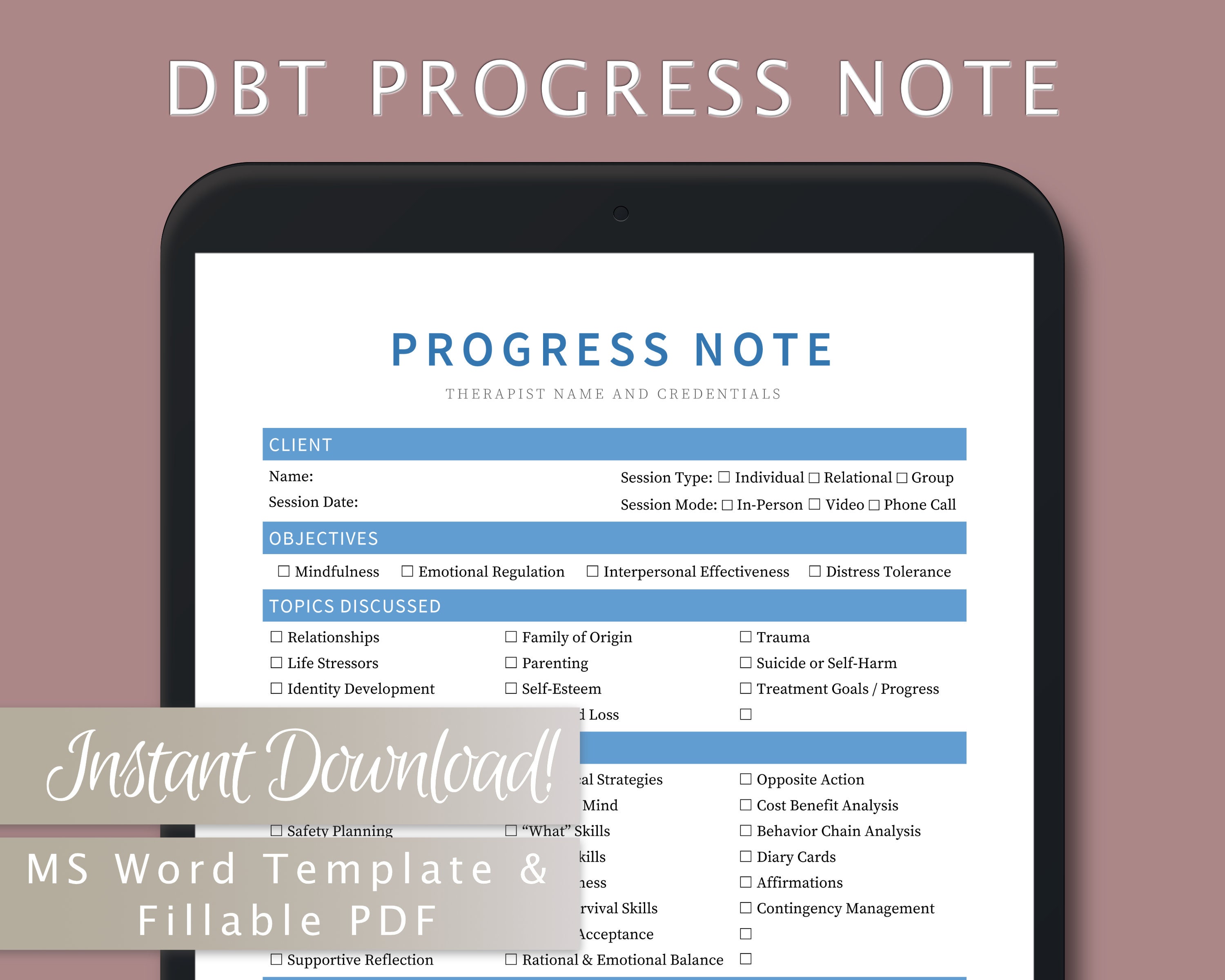 DBT Progress Note Template for Therapists, Counselors, Psychologists ...