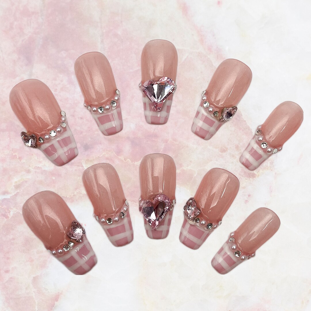 Pink Checkers Acrylic Press on Nails|cute Glue on Nails|coffin Fake ...