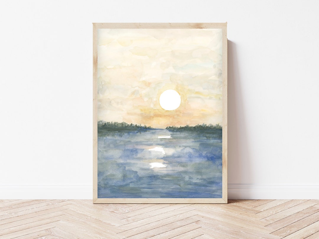 Sunset Scene Watercolor, Sun Over Water, Lake Scenery, Sun Scape, Lake ...