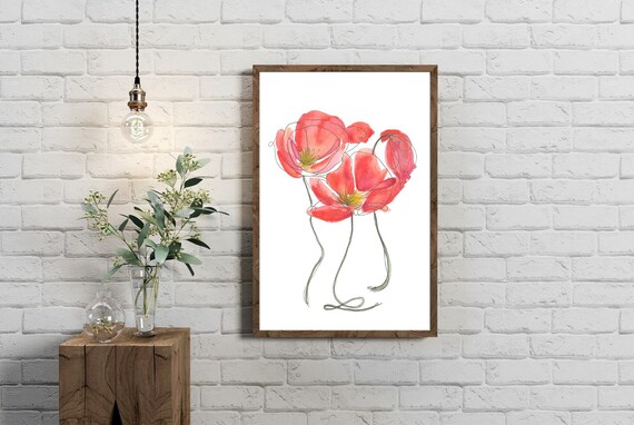 Red Poppies Line Art Watercolor Line Art Red Poppy Line Art - Etsy