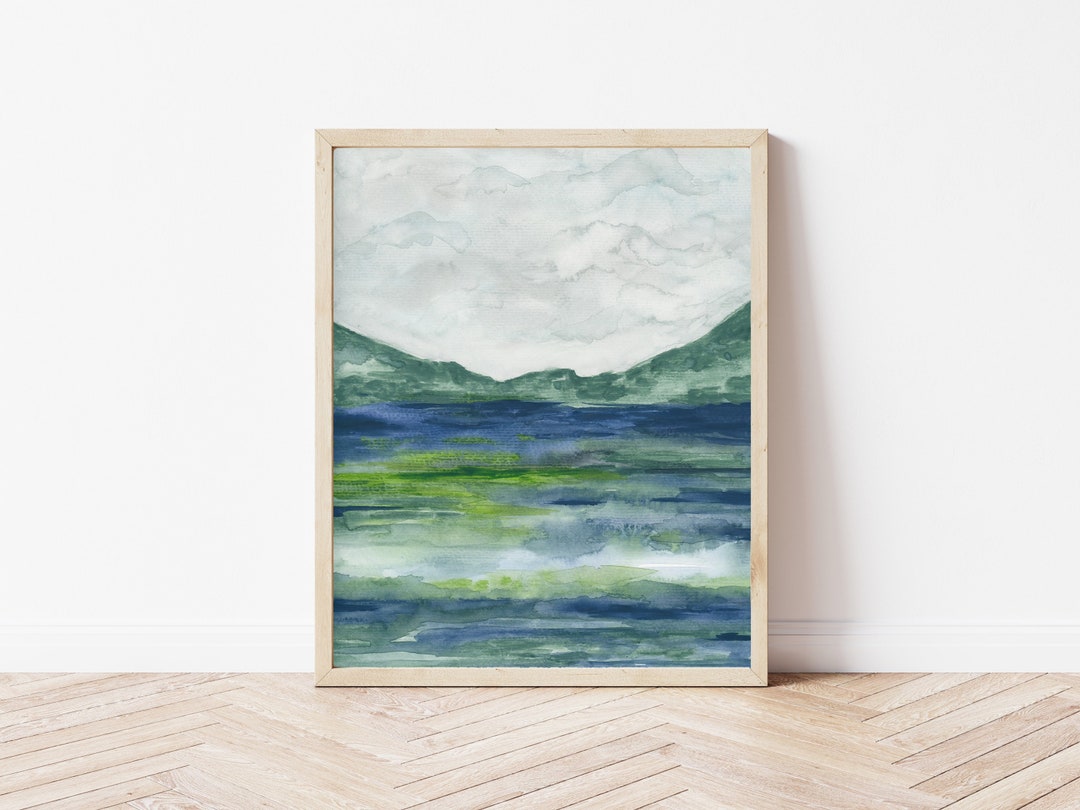 Abstract Green and Blue Waterscape, Abstract Landscape, Watercolor ...