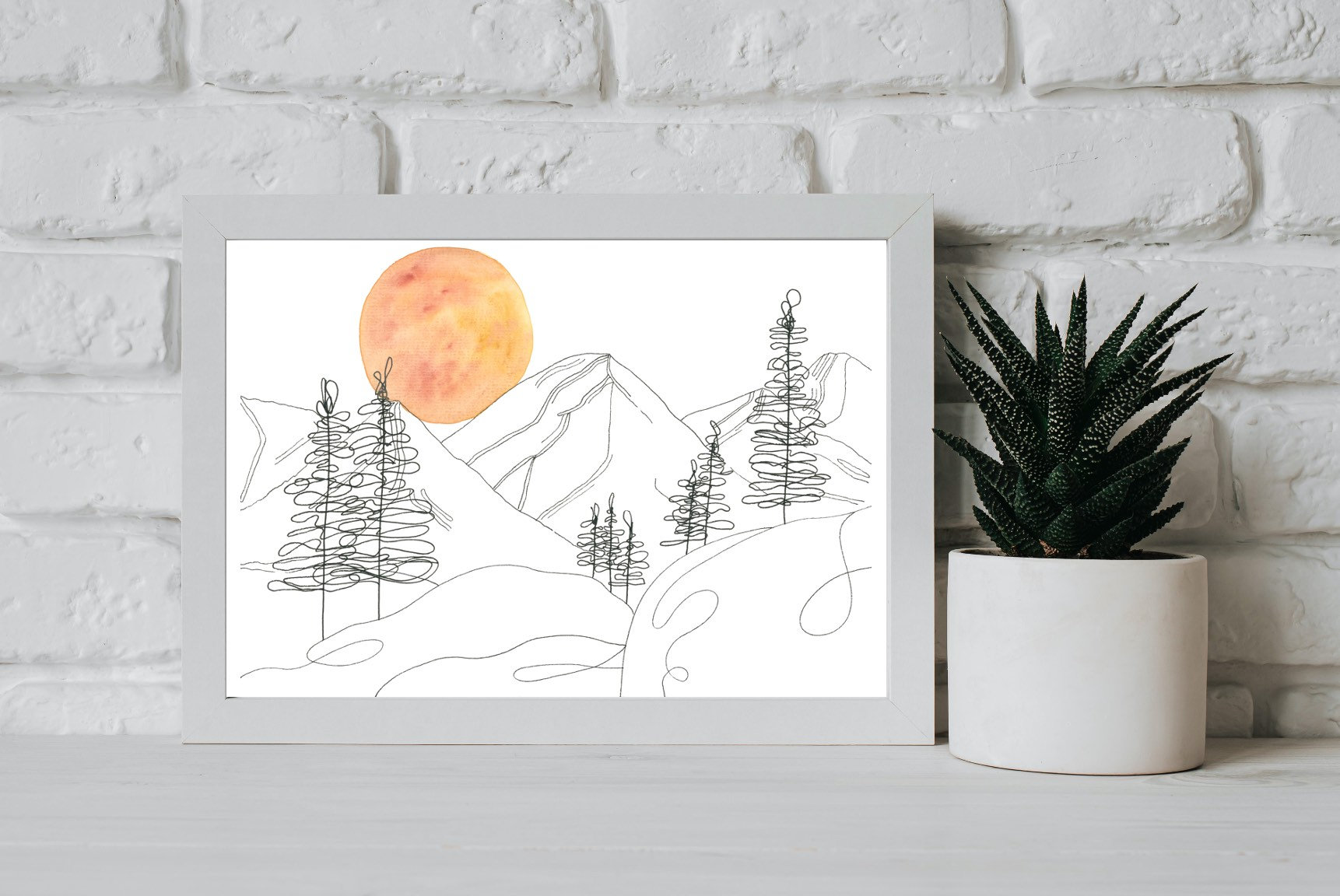 Sunset Landscape Line Art, Line Art Landscape, Pine Tree Landscape Line ...