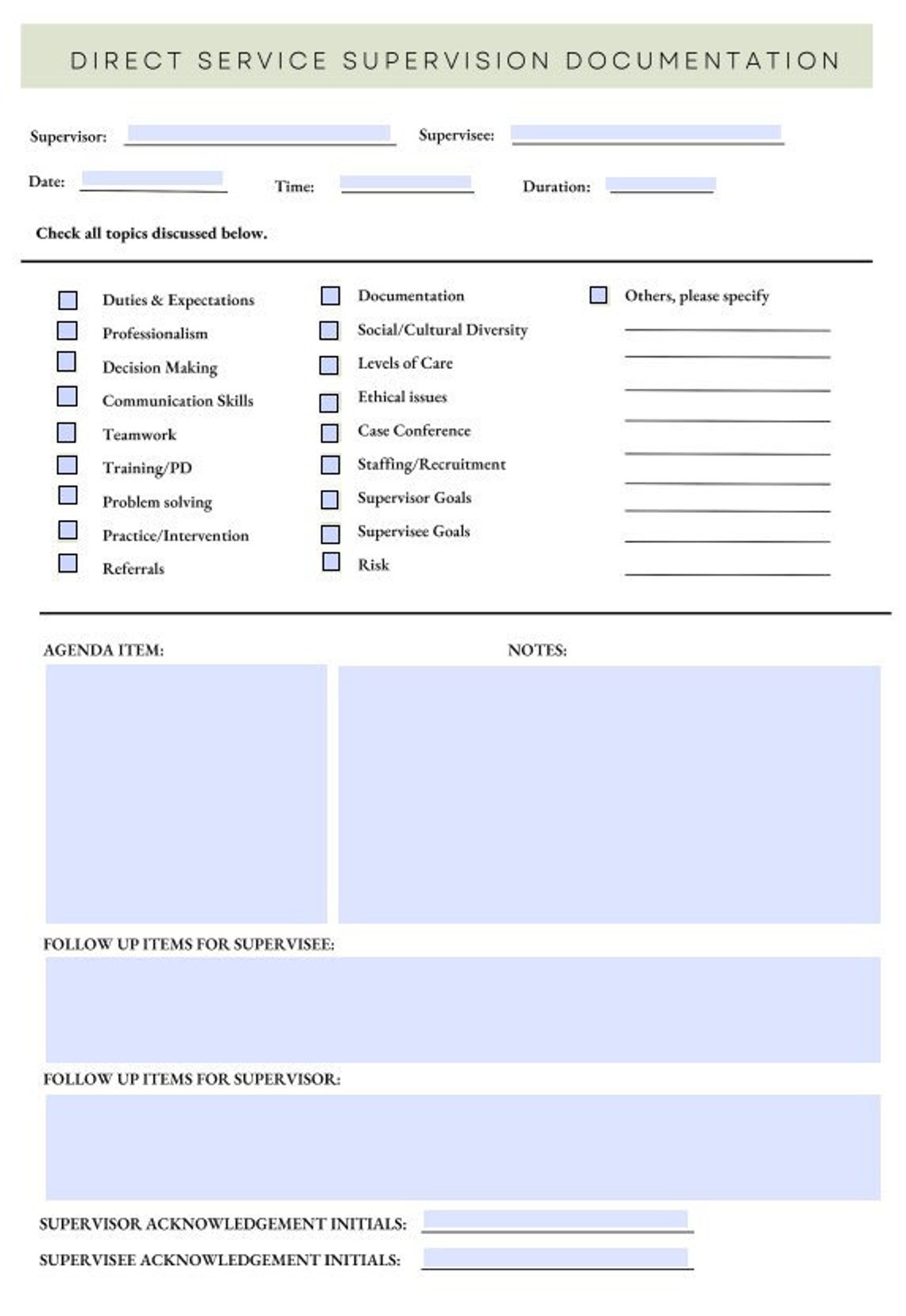Direct Service/clinical Supervision Note Template - Etsy