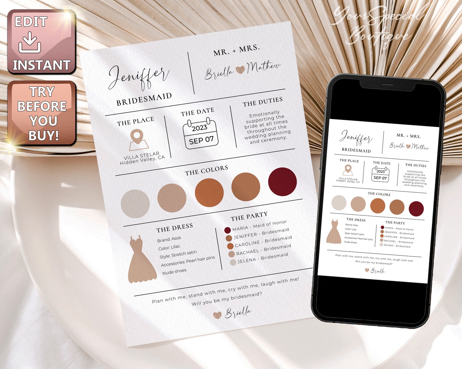 Bridesmaid Info Card Template, Bridal Party Info Card Bridesmaid ...