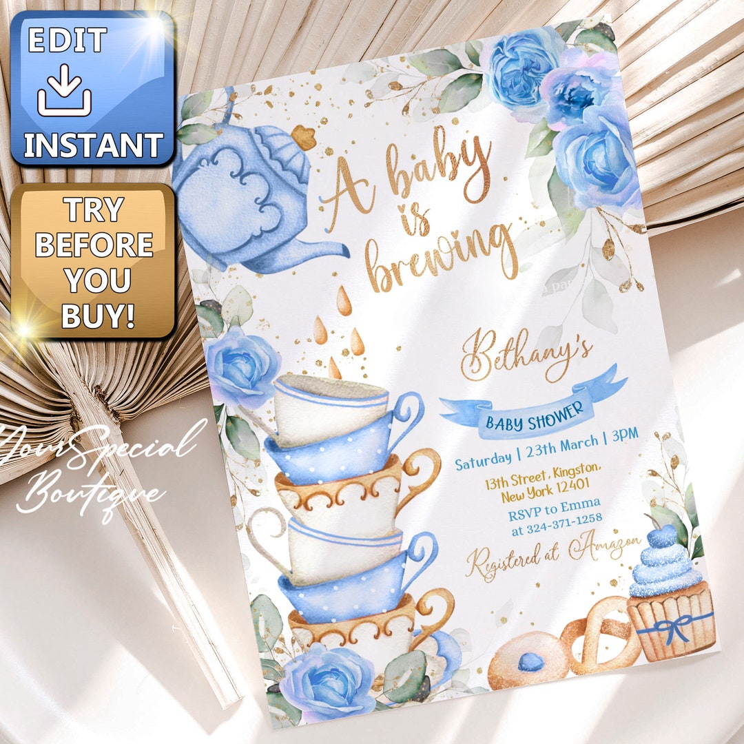 EDITABLE Tea Baby Shower Invitation, Baby Boy is Brewing Whimsical Tea ...