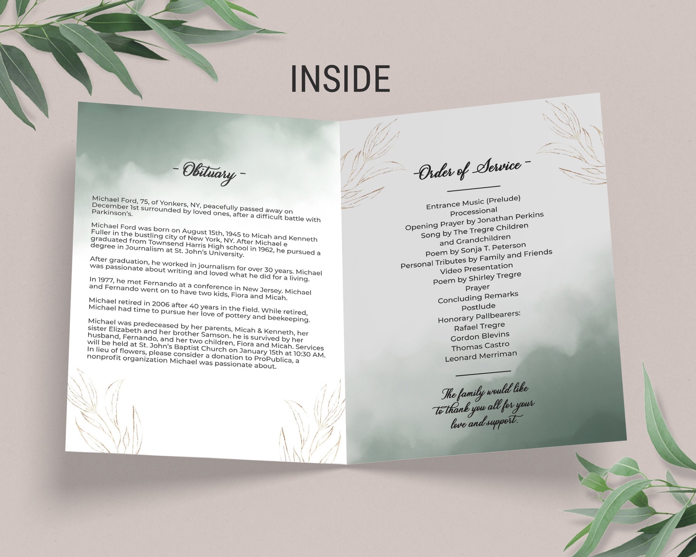 Funeral Program Template for Man, Memorial Program, Program Celebration ...