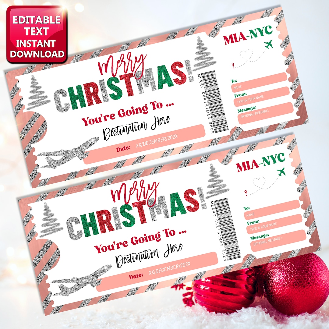 Merry Christmas Boarding Pass, EDITABLE Flight Ticket, Vacation ...