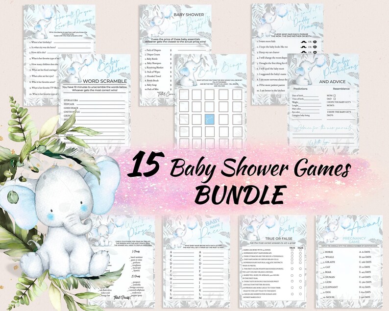 Baby Shower Game Blue Elephant, Boy Elephant Baby Shower, Shower Games ...