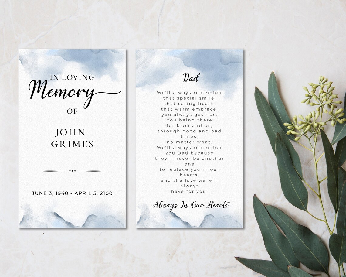 Memorial Prayer Card Template Men, Prayer Card for Celebration of Life ...