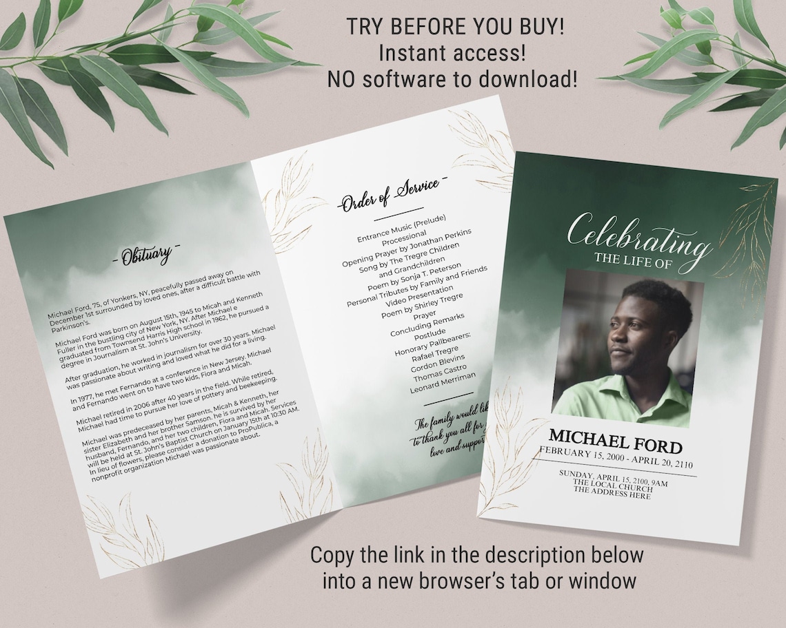 Funeral Program Template for Man, Memorial Program, Program Celebration ...