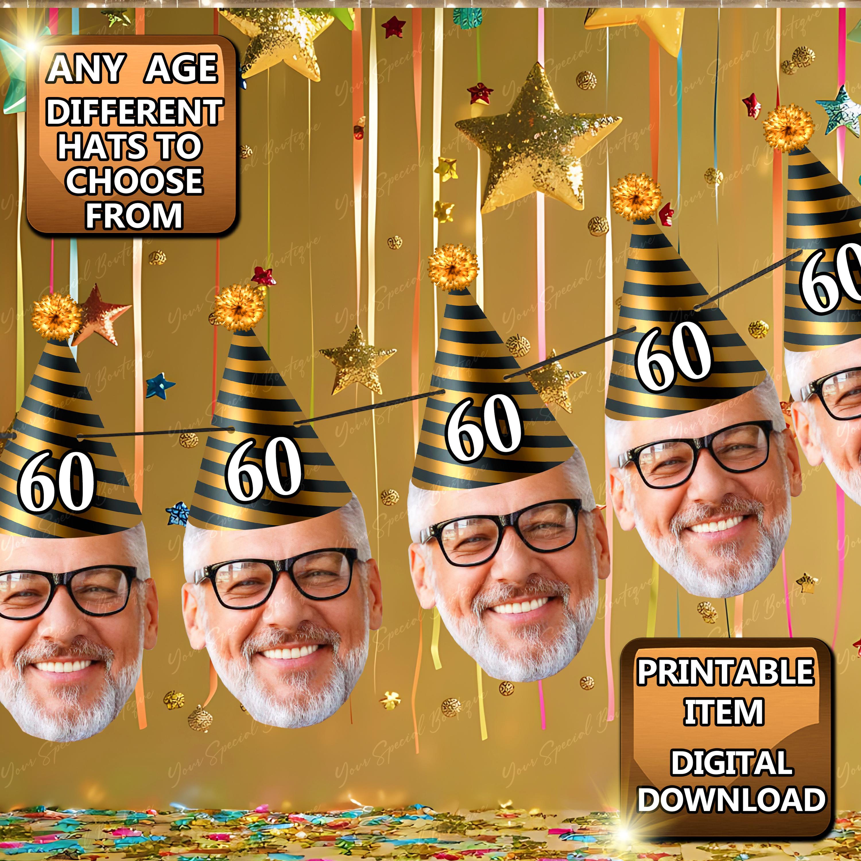 Any Age Custom Photo Banner Digital 60th Face Banner Party Hat 40th ...