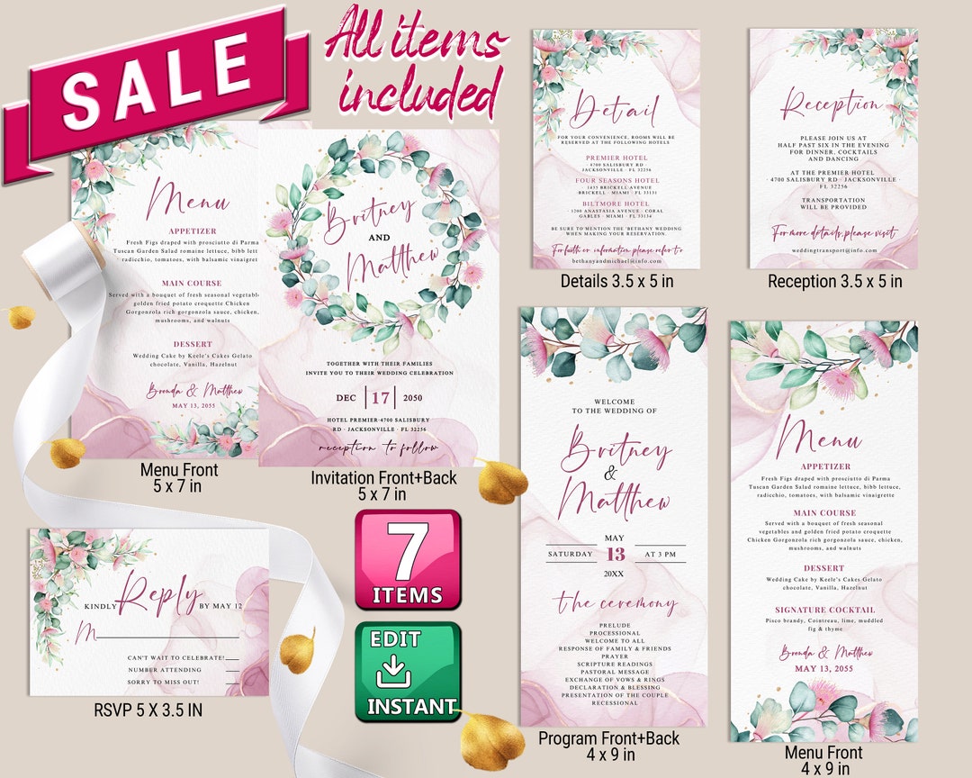 Wedding Invitation Set, Wedding Bundle Template, DIY Wedding Templates ...