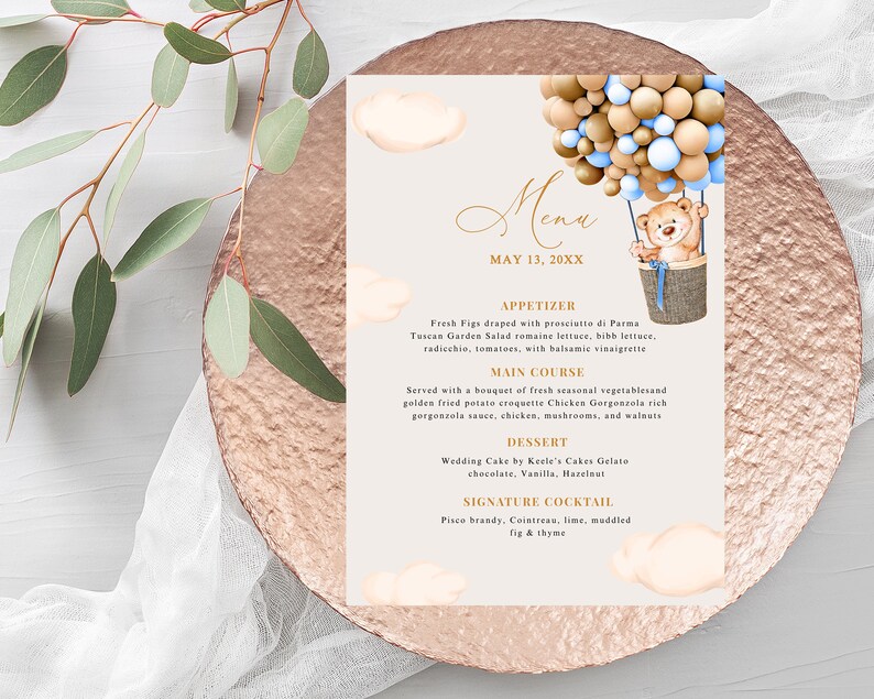 Menu Bear Balloons Baby Shower Brunch Dinner Printable - Etsy