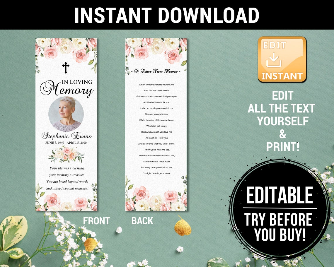 Funeral Bookmark Template Printable Celebration Of Life | Etsy
