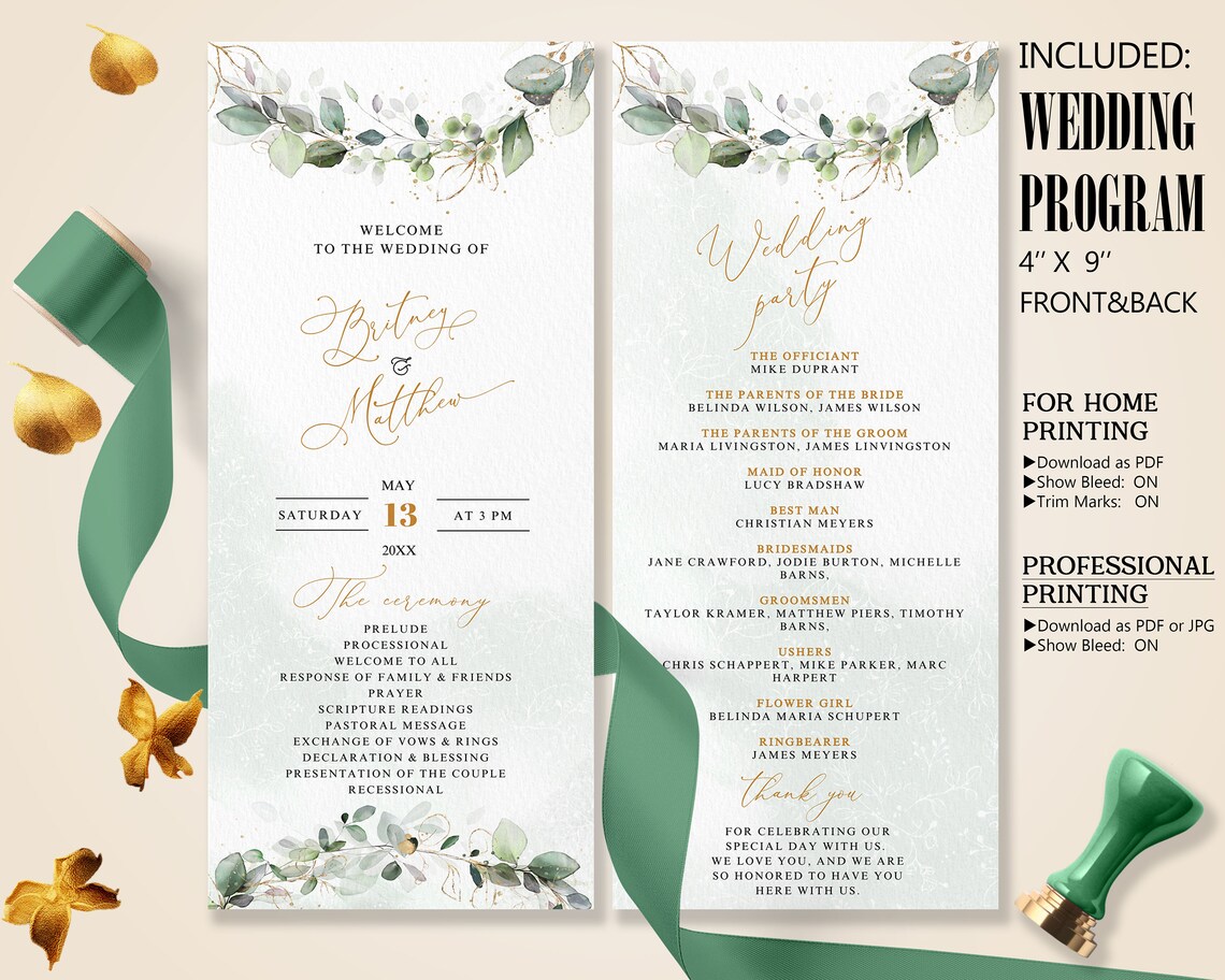 Wedding Program Gold Wedding Program Template Wedding - Etsy