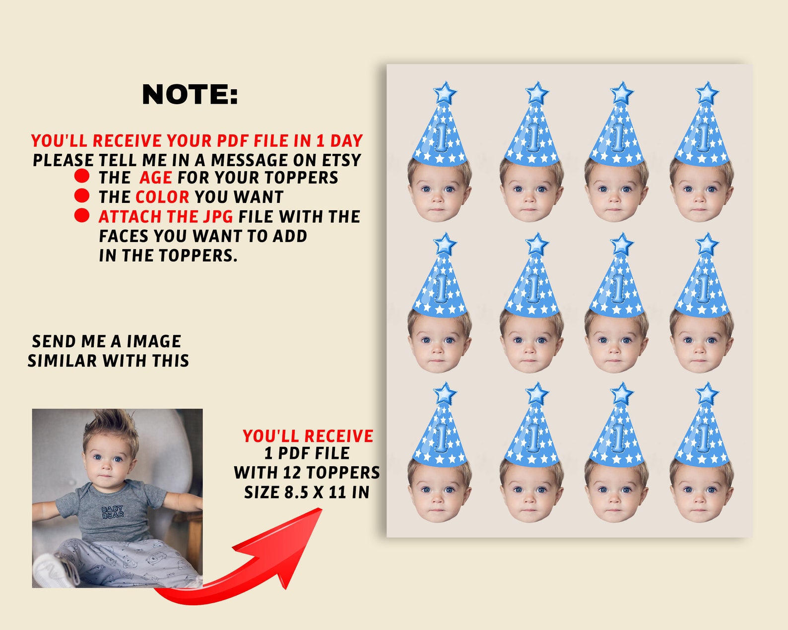 Cupcake Toppers Baby Face, Cupcake Photo ANY AGE, Birthday Decor ...