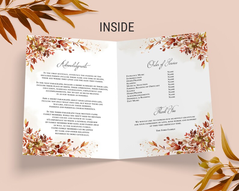 Funeral Program Template Fall Funeral Memorial Program - Etsy