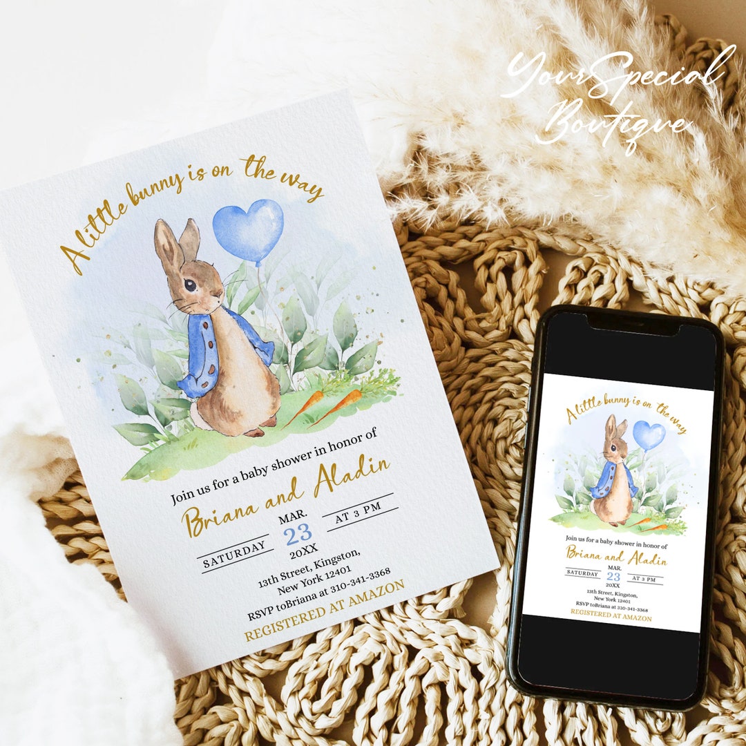 Editable Peter Rabbit Baby Shower Invitation Bundle, Blue Peter Rabbit Baby Shower Invite Set ...