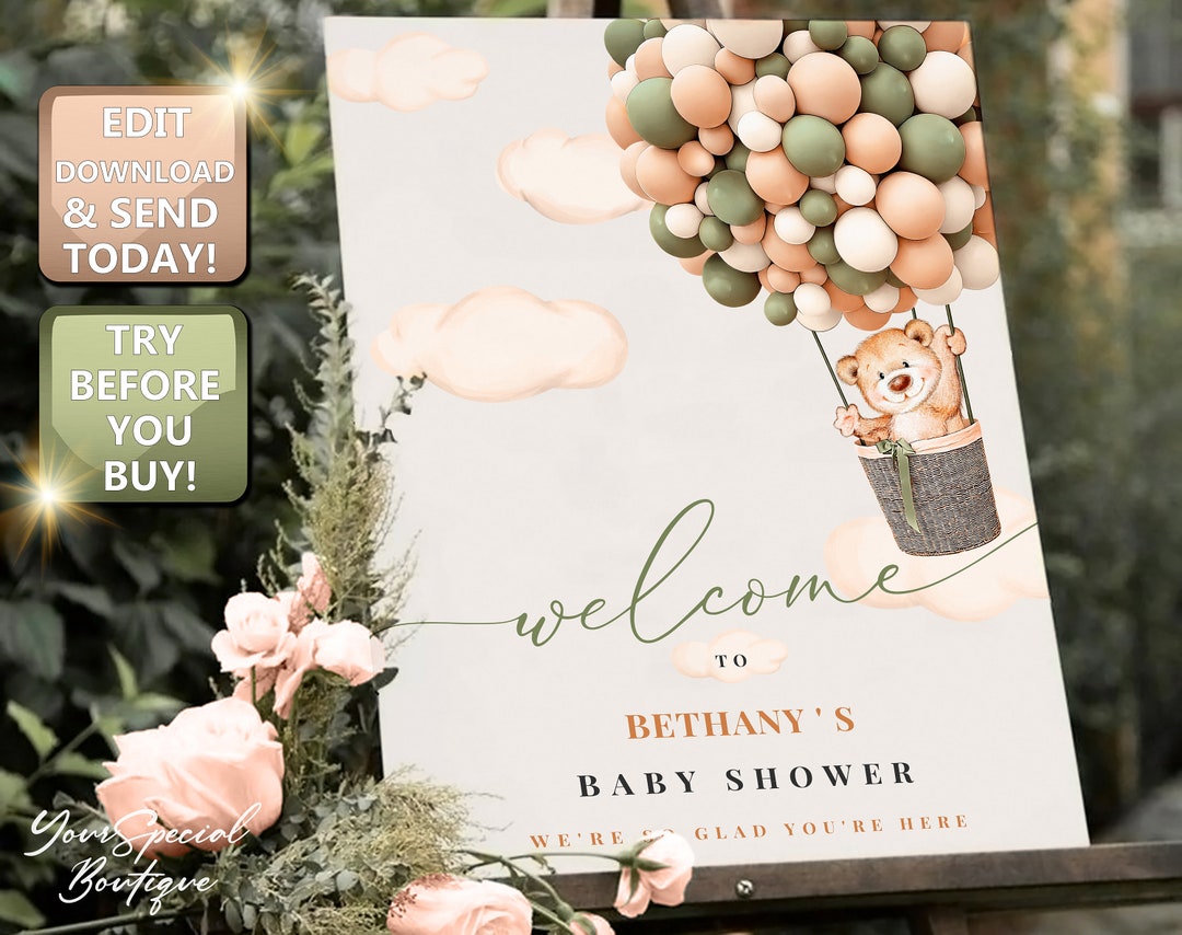 Bear Balloon Welcome Sign, Welcome Poster, Olive Green Balloon Baby ...