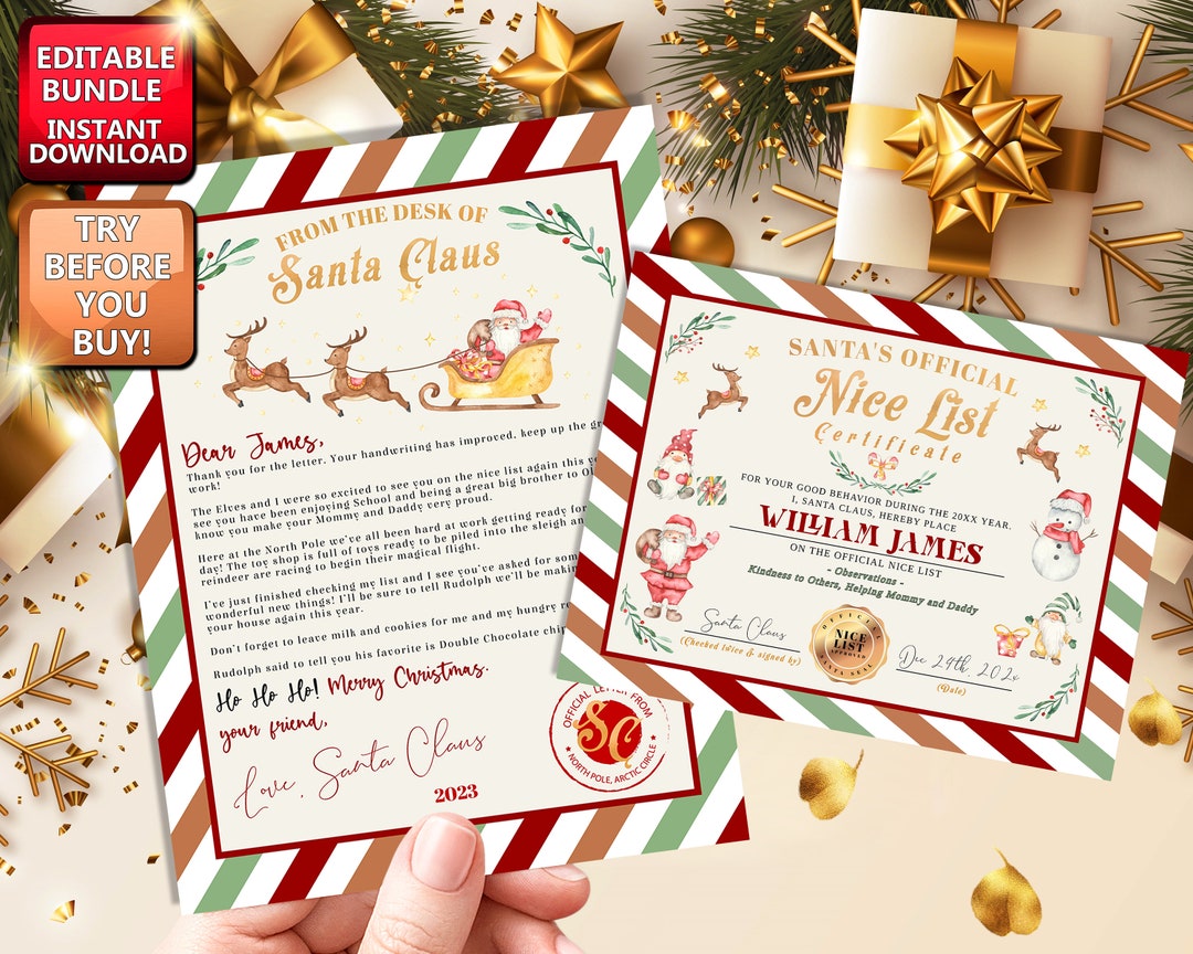 Approved Letter From Santa + Nice List Certificate, EDITABLE BUNDLE ...