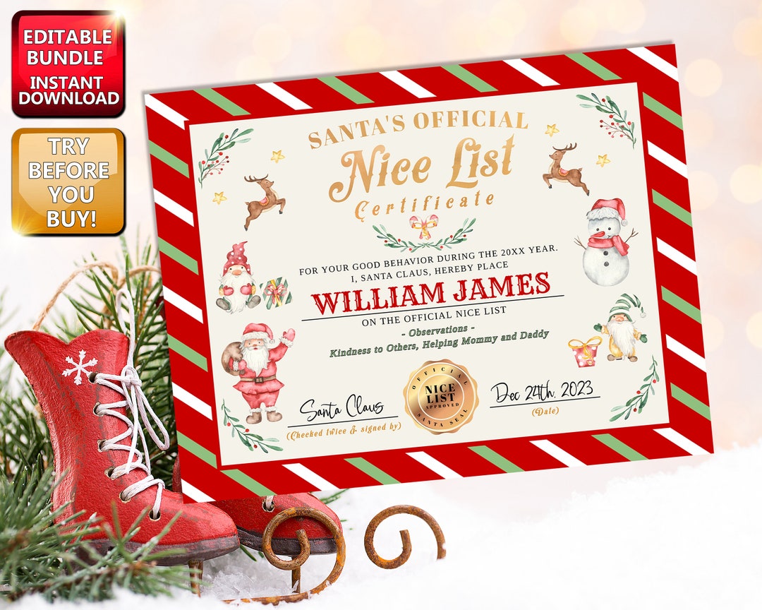 EDITABLE Santa's Nice List Certificate Template, Editable Santa Claus ...