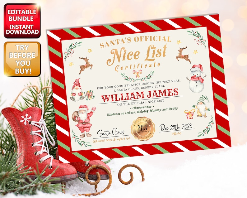 EDITABLE Santa's Nice List Certificate Template Editable - Etsy